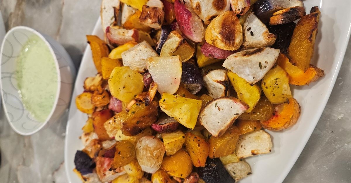 Roasted Root Vegetables with Cilantro Yogurt dip - Lively Life - Colorado